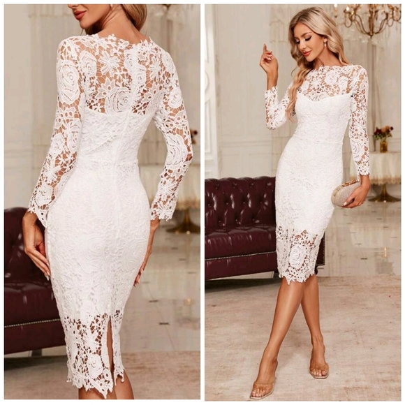 Dresses | New Chic Sheer Embroidered Lace Illusion Bodycon Dress White ...